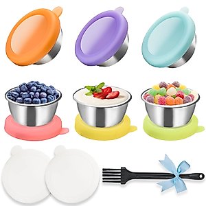 GUMBALL 6 Pack Salad Dressing Container To Go, 1.6oz Stainless Steel Sauce Containers Condiment Cups with 8 Silicone Lids for Lunch Bento Box, Leakproof, Easy to Open - 1 Extra Deep Clean Brush