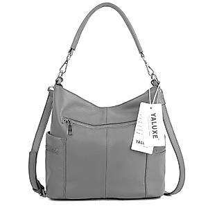 YALUXE Women's Multi Pocket Soft Cowhide Leather Medium Purse Style Shoulder Bag Grey