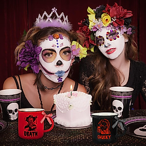 Whaline 4Pcs Halloween Mini Mugs with Plaid Ribbon Horror Movie Character Mini Coffee Mug Halloween Party Cups for Table Centerpieces Tiered Tray Decor Gifts