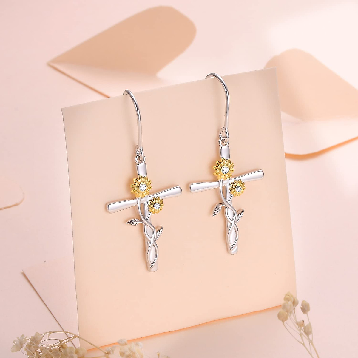 Cross Earrings 925 Sterling Silver Sunflower Dangle Earrings Sunshine Cross Dangle Drop Religious Jewelry Christian Baptism Gift for Women