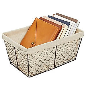 mDesign Medium Metal Farmhouse Home Storage Organizer Basket - Chicken Wire Design, Fabric Liner for Kitchen, Bathroom, Living Room, Pantry, Cupboard, Shelves, Countertop - 4 Pack - Bronze/Natural