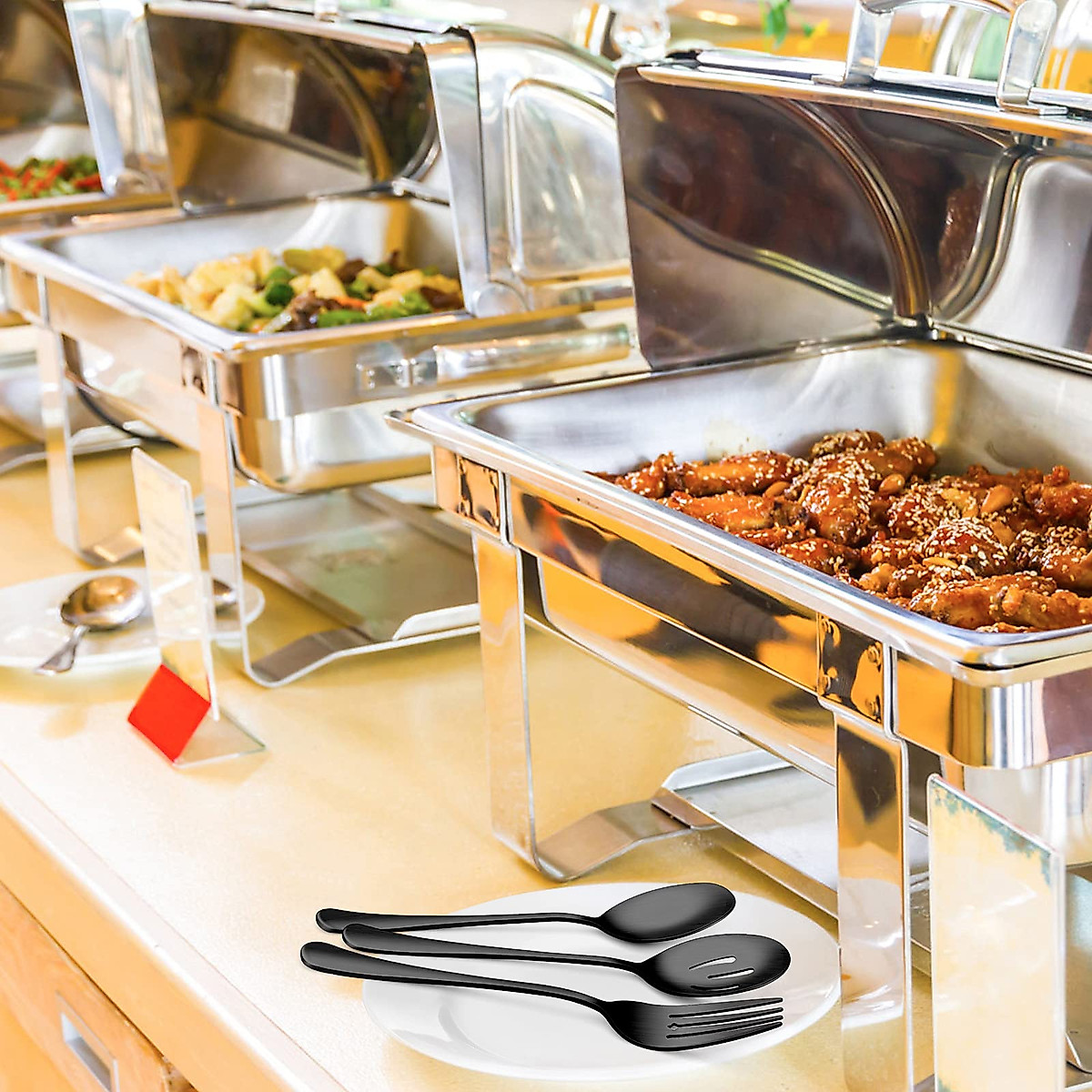 Matte Black Serving Utensils HaWare 5-Piece Stainless Steel Hostess Serving Set for Party Kitchen Restaurant, Satin Finished, Include Spoons, Slotted Spoon, Forks, Pie Server, Butter Knife