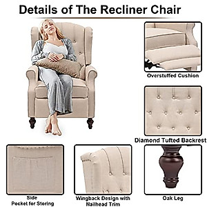 IPKIG Recliner Chair with Heated and Massage, Tufted Comfy Wingback Design Push Back Recliners Armchair Accent Chairs with Side Pockets for Living Room, Bedroom, Home (1, Beige)