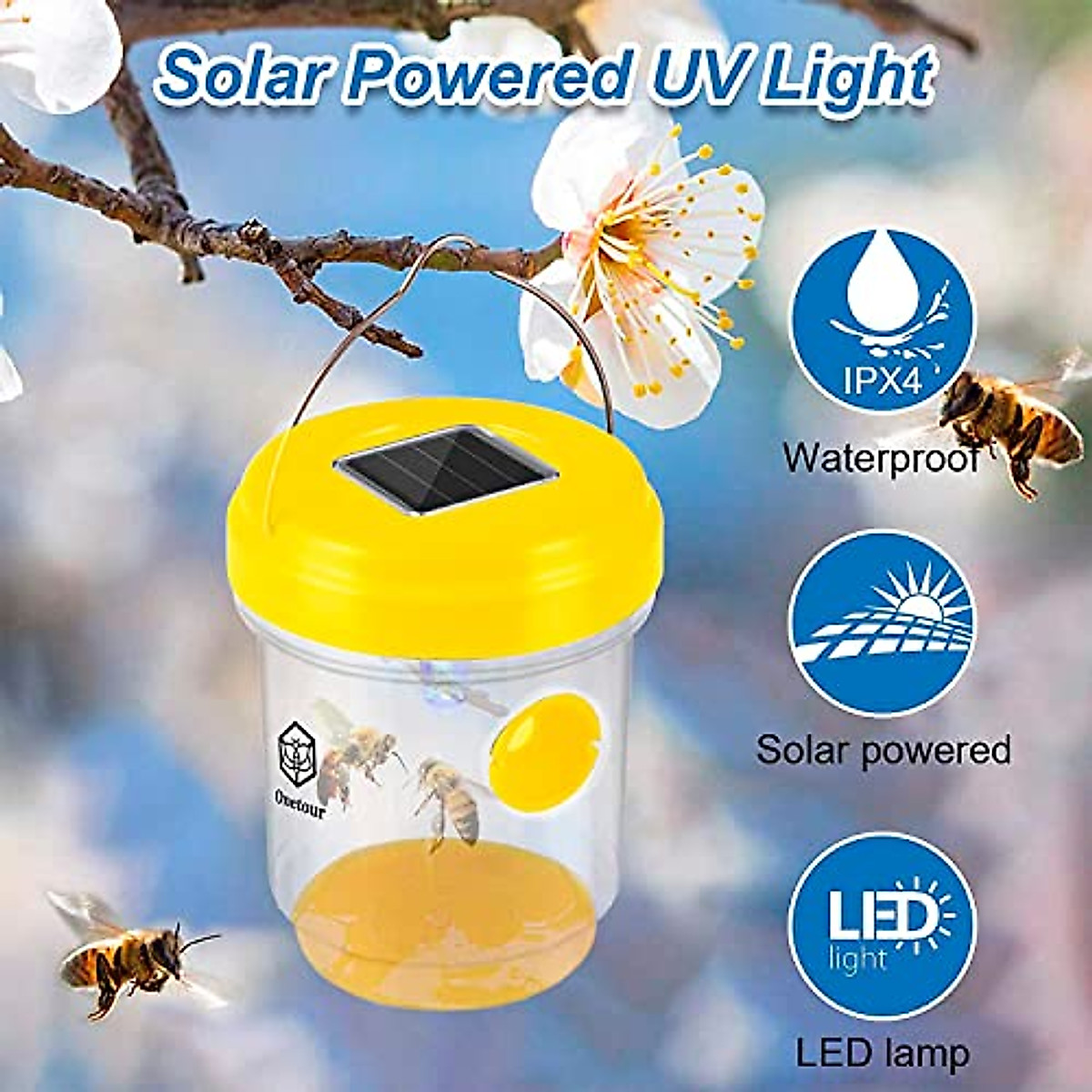 Petoor Wasp Trap Outdoor - Solar Powered Killer Effective Hornet for Wasps, Hornets, Insects, Yellow Jacket Fruit Fly Pack of 2, 2022 yellow