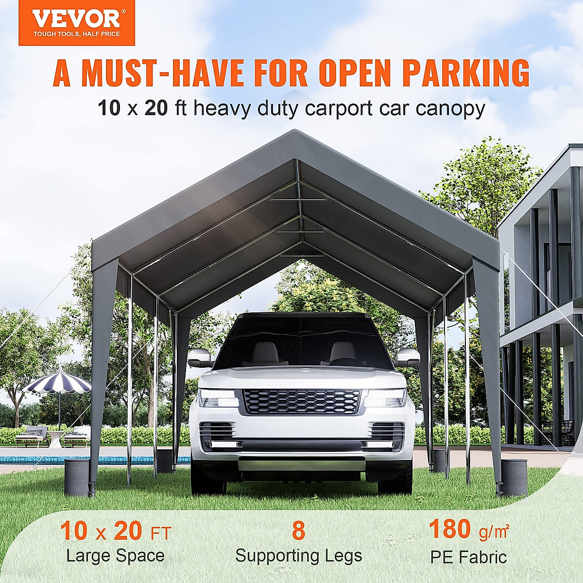 VEVOR Outdoor 10x20 ft Heavy Duty Carport Car Canopy Garage Boat Shelter Party Tent with 8 Reinforced Poles and 4 Weight Bags, UV Resistant Waterproof All-Season Tarp for SUV, F150, Car, Truck, Boat
