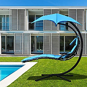 Giantex Hanging Chaise Lounger Chair, Arc Stand Porch Swing Chair, Outdoor Swing with Canopy, Cushion Built-in Pillow, Outdoor Hanging Curved Chaise for Patio Poolside Backyard Garden (Blue)