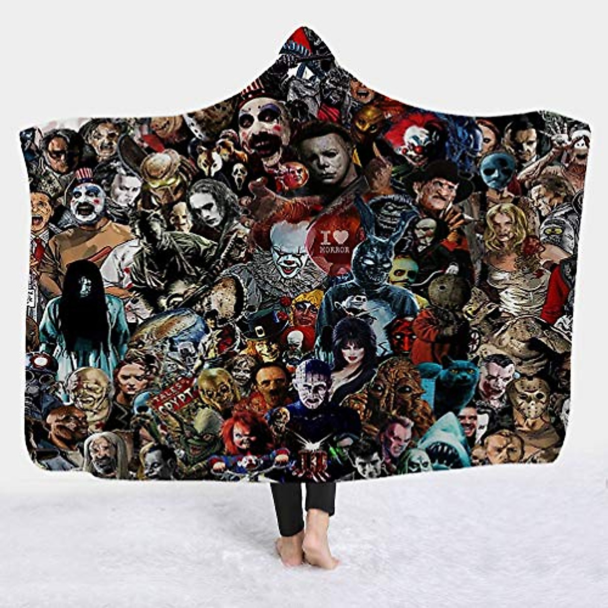 YEARGER Horror Movie Character Hooded Blanket for Adult Gothic Sherpa Fleece Wearable Throw Blanket Microfiber Bedding (110X145cm,C)