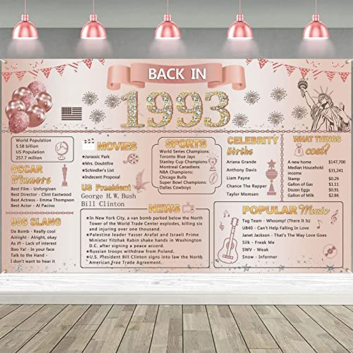 DARUNAXY Rose Gold Back in 1993 Banner, Happy 30th Birthday Party Decorations 30 Year Old Backdrop Party Supplies Pink and Gold Vintage 1993 Birthday Poster for Girls Photography Background for Women