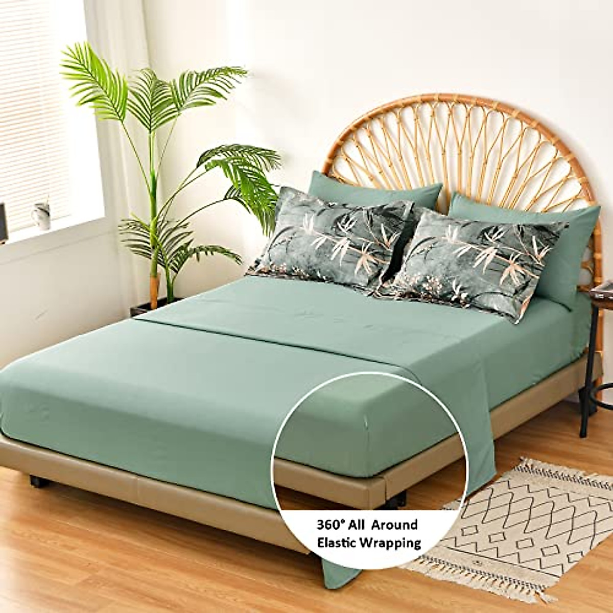 Dinjoy Botanical Comforter Set Queen 7 Pieces Bed in A Bag Dark Green Bamboo Leaves Comforter Set Soft Microfiber Queen Green Omber Comforter with Sheet (7 PCS Queen Comforter,Green)