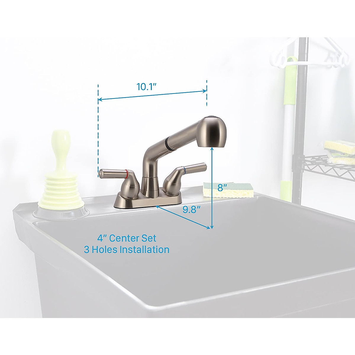 Utility Sink Faucet, Laundry Room Faucet with Pull Out Sprayer, Laundry Tub ABS Plastic Faucet, 4 Inch Centerset 3 Holes Installation Non-Metallic, Brushed Nickel