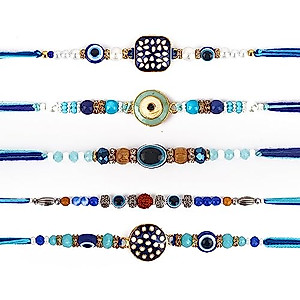 SATVIK 5 Pc Evil Eye Rakhi for Brother Bhaiya Bhabhi Traditional Handmade Assorted Designer Rakhi Set Roli Chawal, Greeting Card & Soun Stickers Rakhi Thread Rakhdi Bracelets Rakshabandhan