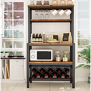 AWQM 5-Tier Kitchen Bakers Rack ,Industrial Wine Rack Table Microwave Stand, FreeStanding Wine Bar Rack,Coffee Bar Kitchen Storage Rack,Wine Cabinet Kitchen Hutch for Dining Room Living Room,Walnut