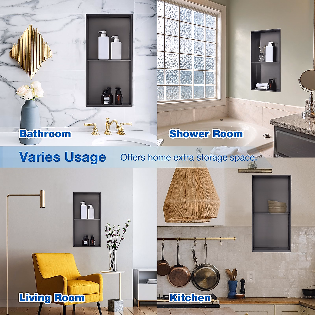 ZDHHT Black Shower Niche Wall Inserted, 12" X 24" X 4" Black Stainless Steel Shower Niche Double Shelves Recessed Modern Wall Niches No Tile Needed, for Kitchen Bathroom Bedroom or Tub Storage