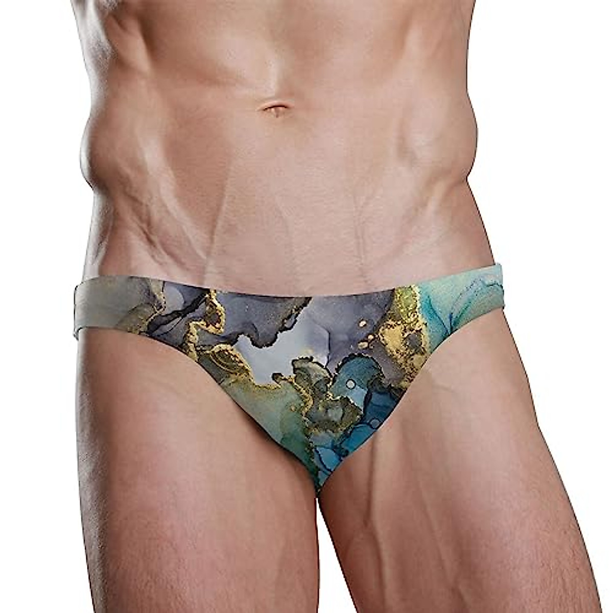 Mixed Blue, Grey, Golden Alcohol Ink Abstract Marble Texture Men's Boxer Brief, Sexy Swim Underwear Board Shorts Swimwear Hot Body Bikini Trunks Thong Swimsuit Bathing Suit for Sports(XXXL)
