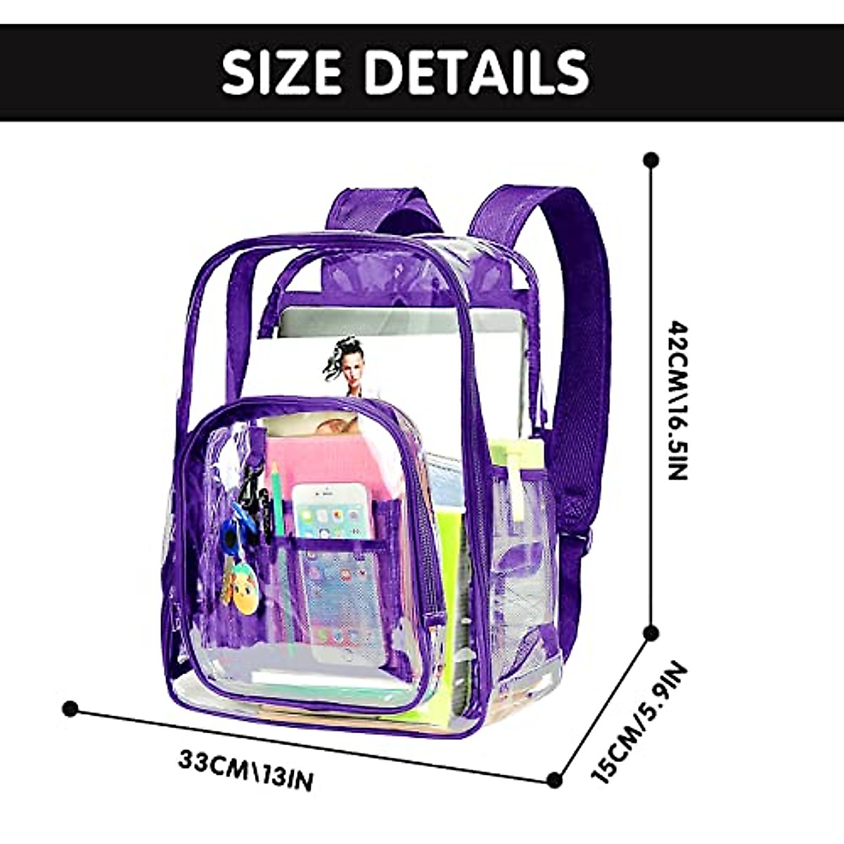 MCWTH Clear Backpack Heavy Duty PVC Plastic Transparent Backpacks School College Bookbag (Purple)