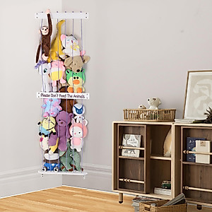 Stuffed Animal Storage Soft Toy Organizer, Kids Room Stuffed Animal Holder Zoo with Adjustable Length Large Corner Plush Toy Shelf Wall Hanging Storage for Nursery Playroom Bedroom