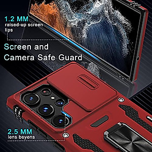 DEERLAMN for Samsung Galaxy S23 Ultra Case with Slide Camera Cover,Built-in Rotated Ring Kickstand [Full Camera Protection] [Military Grade] Heavy Duty Shockproof Protective Case Cover-Red