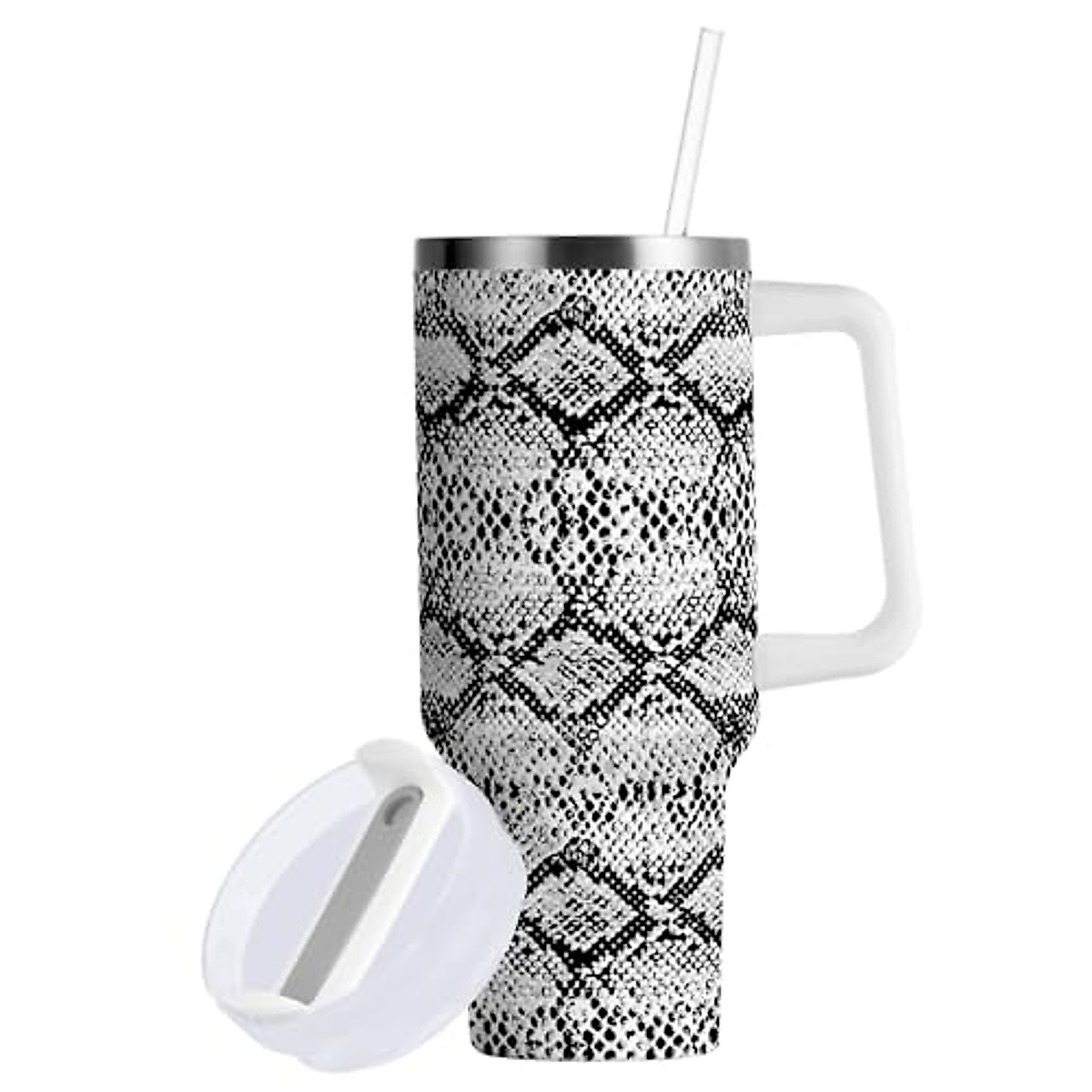 Joisal Black Snakeskin Texture Travel Tumbler Reusable Insulated Water Bottle with Handle Coffee Mug