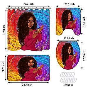 African American Woman Shower Curtains for Bathroom, 4PCS Bathroom Sets Include 1 Fabric Shower Curtain, 2 Non-Slip Bathroom Rugs and 1 Toilet Lid Cover, Black Girl Bathroom Decor (Purple)