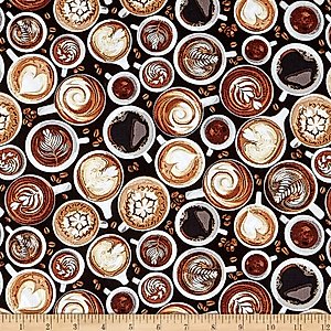 Timeless Treasures Fresh Brew Coffee Cups Black, Fabric by the Yard