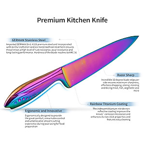 Rainbow Knives Block Set 6 Pieces, Iridescent German High Carbon Stainless Steel Kitchen Knives Pack with Magnetic Knife Display Rack
