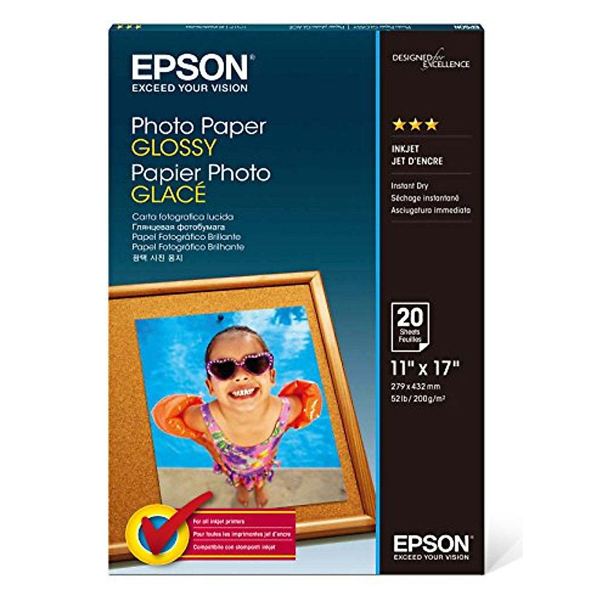 Epson S041156 Glossy Photo Paper, 52 lbs., Glossy, 11 x 17 (Pack of 20 Sheets),White