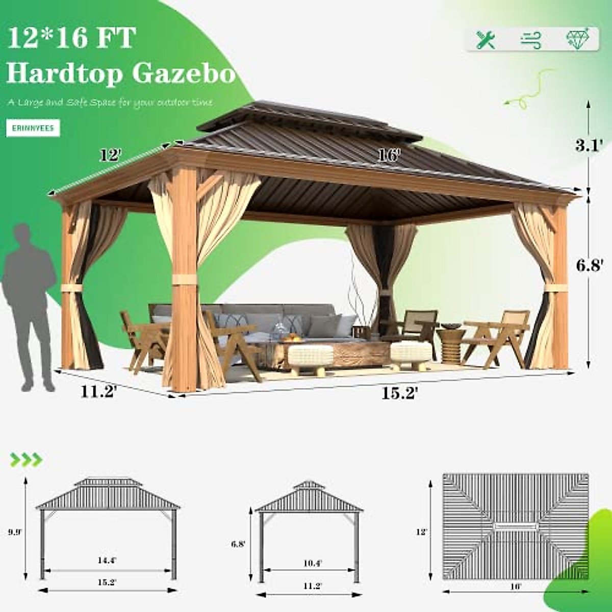 Erinnyees 12' x 16' Aluminum Wood Grain Hardtop Gazebo, Outdoor Aluminum Double Roof with Privacy Curtain and Mosquito Net for Patio, Lawn, Garden, Backyard(Wood Looking)