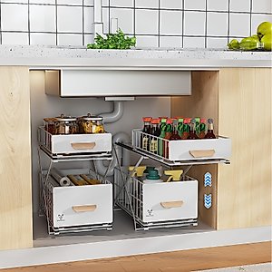 SweeTinytwo Adjustable Under Sink Organizer - 2 Tier Storage Rack with Height Adjustment, Bathroom Cabinet Storage Solution for Kitchen, Expandable Shelf for Under Sink Organization (40cm, white)