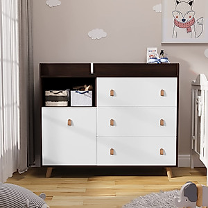 Timechee Baby Changing Table Dresser, Modern Nursery Changing Dresser Chest with 3 Drawers & 1 Shelf, Diaper Changing Pad, Storage Changing Dresser (Brown)
