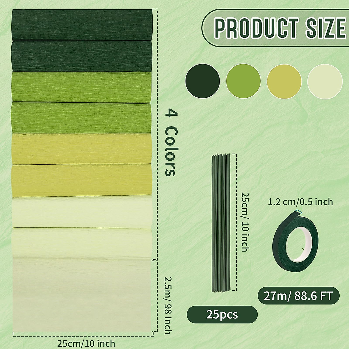 8 Rolls Crepe Paper Rolls, 10 x 98Inch 4 Colors Wide Crepe Paper Sheets with Floral Stem Wire and Green Floral Tapes for DIY Gift Wrapping Paper Crafts Birthday Wedding Holiday Paper Flower (Green)