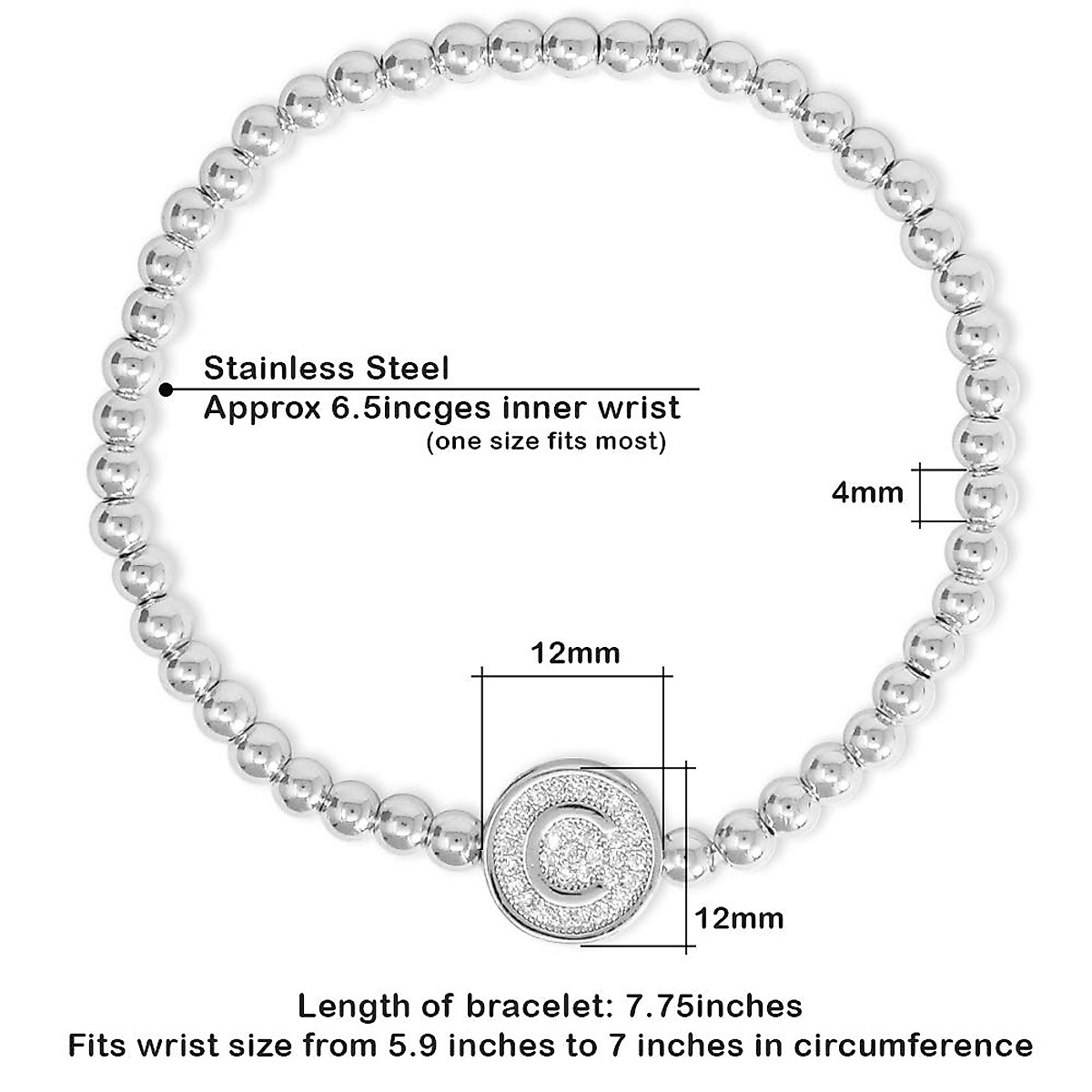 by you Initial Bracelets for Women 26 Letters Alphabet Round Charm Stainless Steel Gold Silver Beaded ball Bracelets (Silver - C)