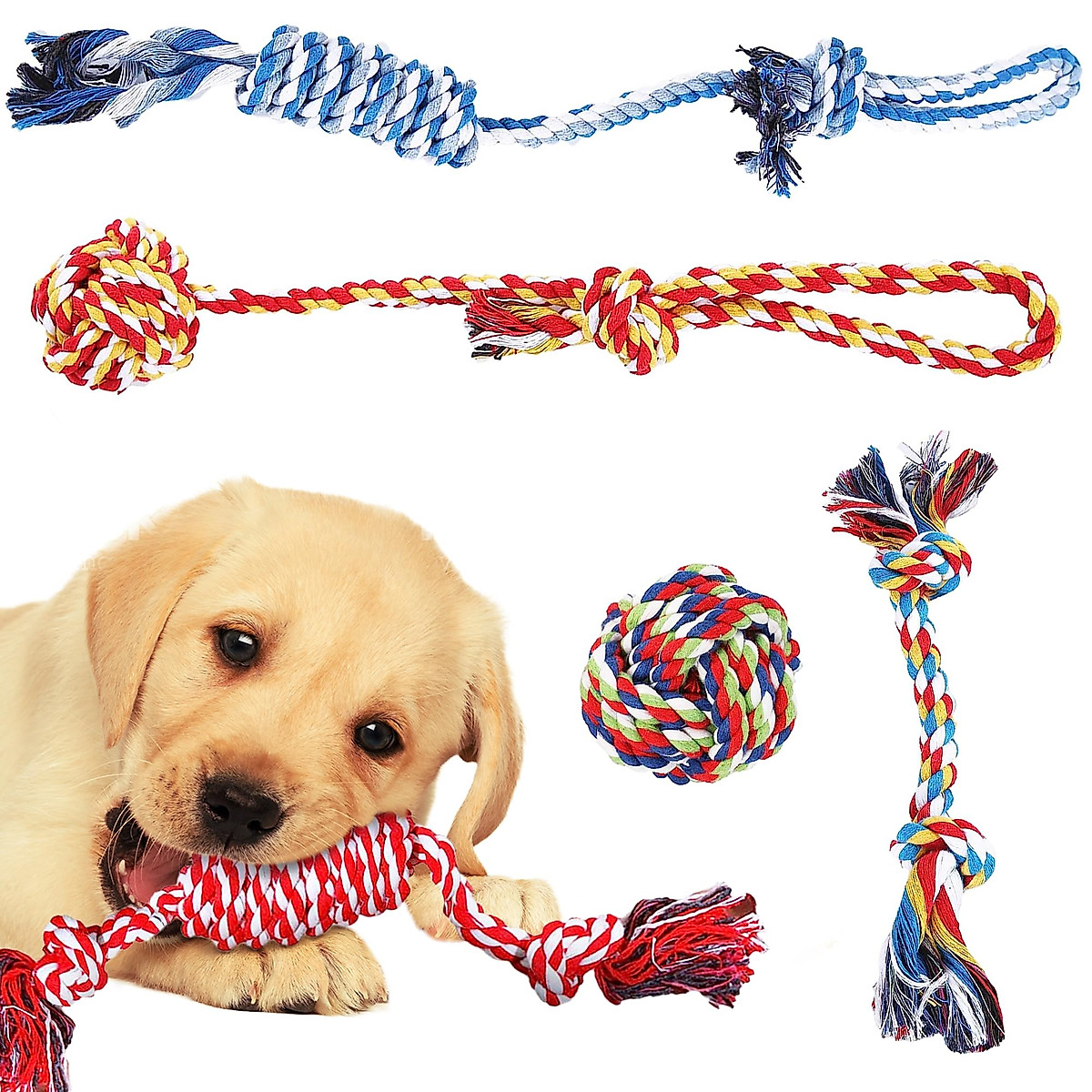 SunGrow, 5-Pack Ferret Rope Chew Teething Toys, Puppy Chew Toys & Accessories for Cage, Machine-Washable Durable Cotton Knotted Rope Dog Tug Toys for Small to Medium Breeds, 3” - 19”
