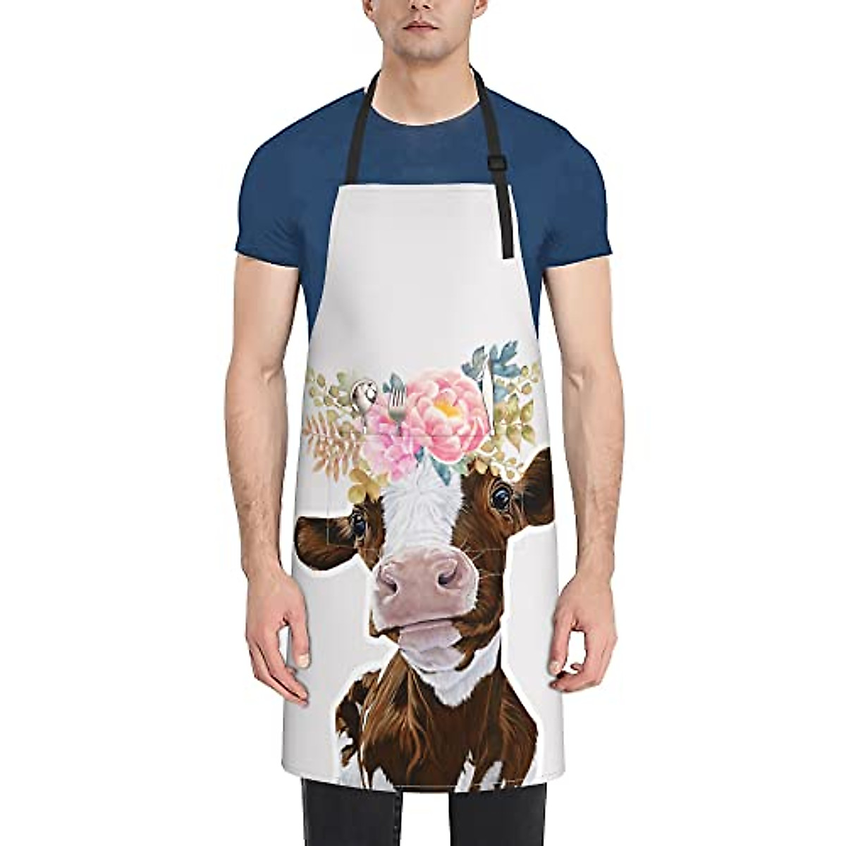 SUCUWINY Cow Apron Waterproof Chef Kitchen Fun Cow Print Apron White Apron with 2 Pockets Funny Aprons for Adults Cooking BBQ Aprons Baking Gifts