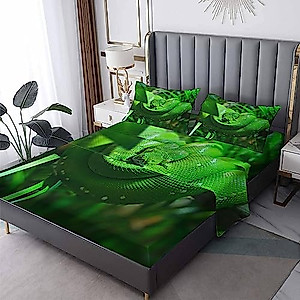 Snake Sheets Full Size, Green Animal Bed Sheets, Patterned Bedding Sheets & Pillowcases 4 Piece Set - Soft Microfiber Deep Pocket Fitted Sheet & Flat Sheet & 2 Pillow Cases K8-&-263