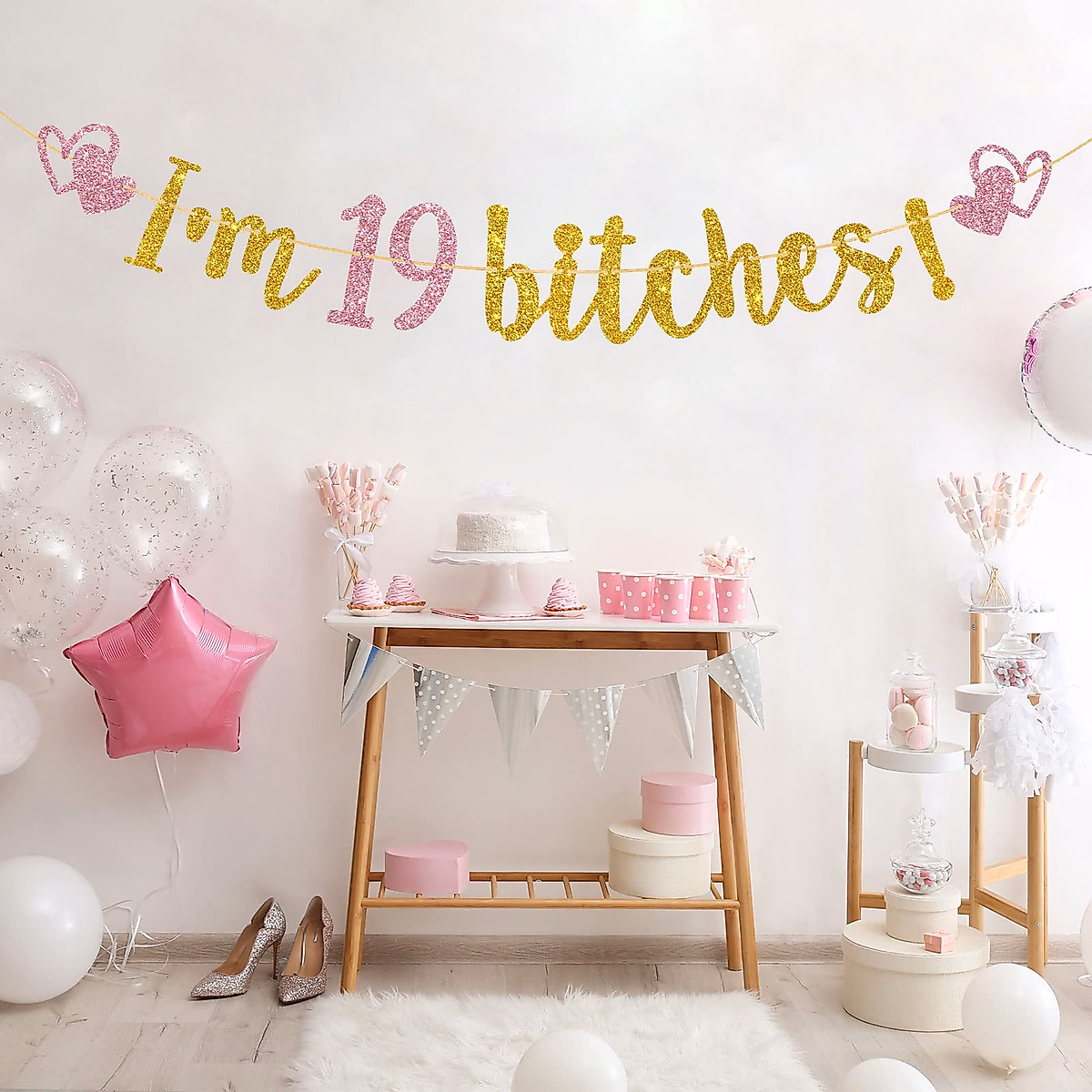 I'm 19 Bitches Banner, Gold & Pink Glitter Funy Happy 19th Birthday Banner, 19 Years Old Birthday Sign, Cheers to 19 Years Party Decorations Supplies, 7.5 Feet