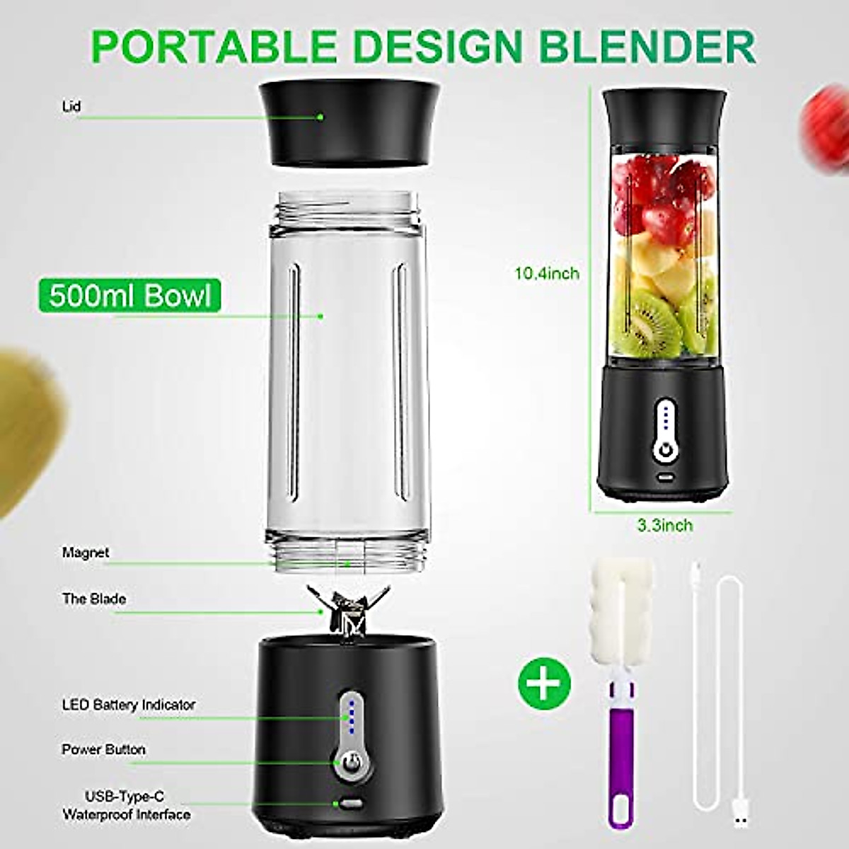 chalvh Portable Blender, 16.9 Oz Personal Blender for Shakes and Smoothies, Fruit Juice Mixer Rechargeable with USB C, Six 3D Blades Mini Blender for Sports, Office, Travel, Gym, and Outdoors(Black)