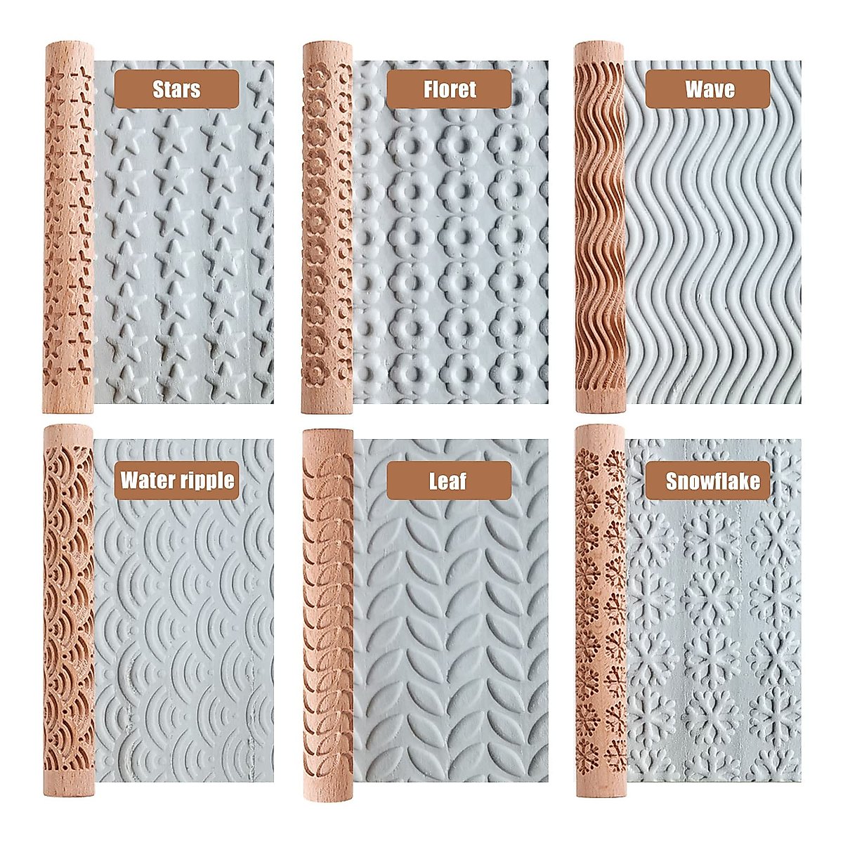 6Pcs Clay Modeling Pattern Rollers, Large Texture Rollers for Clay Wooden Handle Pottery Tools Snowflakes Stars Wood Wave Pattern Clay Rolling Pottery Ceramic Carved Tools for DIY Handcrafts (B)