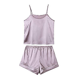 LYANER Women's Pajamas Set 7pcs Silk Satin Sleepwear Loungewear Cami Shirt Pj Set Purple Medium