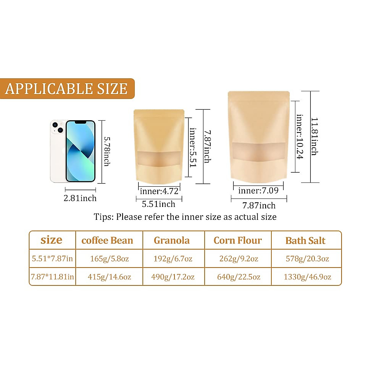 50 Pcs Stand Up Kraft Paper Bags with Window, Resealable Zip Lock Food Storage pouch,dog treat bags,Bakery Bags coffee bags candy bags sealable small business 5.5 x7.9 Inch, (Medium 5.5 * 7.9 Inch)