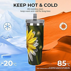 WITHSBKK 30oz Car Cup Yellow Gray Flower Printed with Portable, Stainless Steel Travel Mug, Vacuum Insulated Tumbler And Straw, Leakproof for Car & Outdoor, UV Printed Design