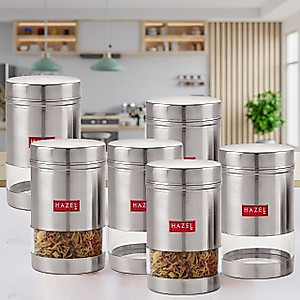 HAZEL Stainless Steel Transparent Glossy Finish See Through Container, Silver, Set of 6, 1200 Ml