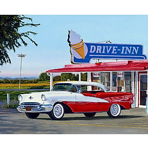 Drive Inn with 1957 Oldsmobile Car Cotton Fabric Panel 36 X 44 David Textiles DX 3408