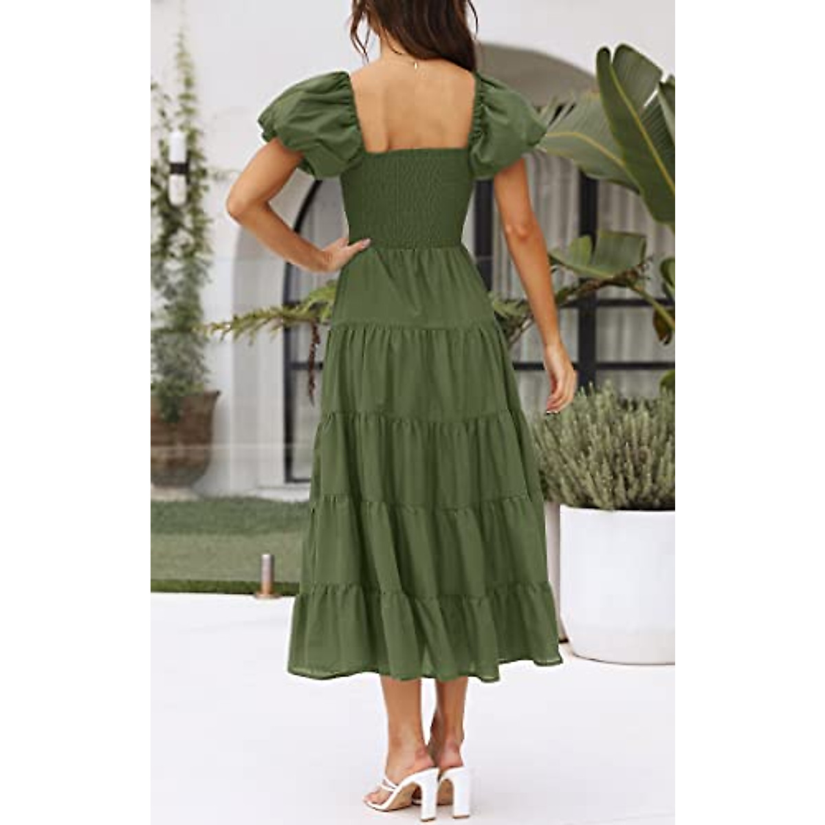 ZESICA Women's 2023 Summer Square Neck Short Puff Sleeve Solid Color High Waist Casual Smocked Flowy A Line Tiered Midi Dress,ArmyGreen,Small