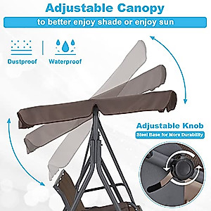 HABUTWAY Outdoor Patio Canopy Swing Chair,Porch Swing with Stand 3 Person,Heavy Duty Outdoor Swings for Deck,Backyard,Poolside,Textilene Fabric,Steel Frame,Storage Pocket,Utility Tray (Brown)