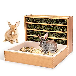 2 in 1 Large Hay Feeder with Litter Box, Safe Wooden Bunny Feeder Manger, Hay Holder Rack Toilet for Rabbit Guinea Pig Hamster Small Animals Reduces Waste
