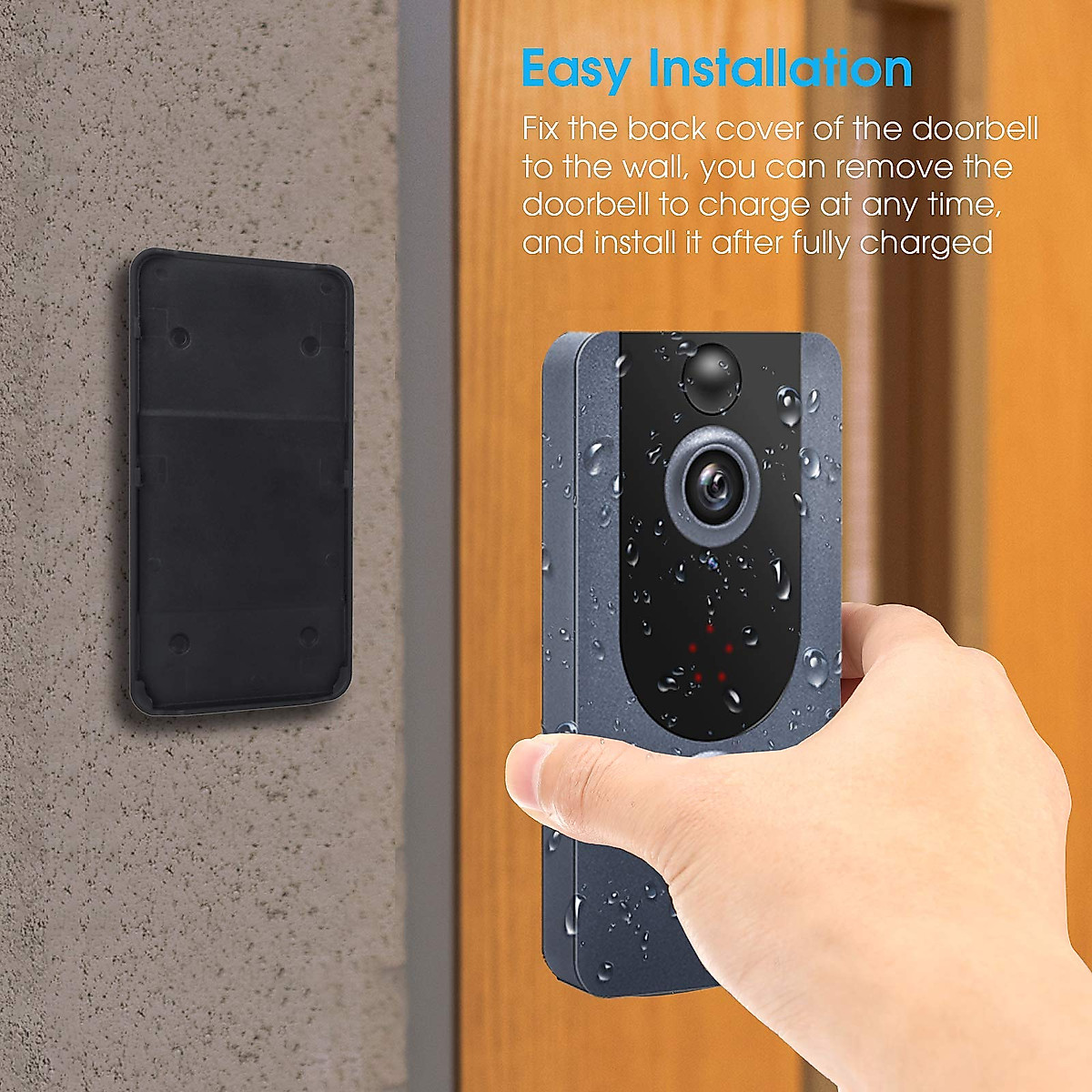 Wireless Video Doorbell Camera, WiFi Doorbell Camera IP65 Outdoor Waterproof 1080P HD WiFi Night Vision Sports Storage Free Cloud Storage for iOS & Android