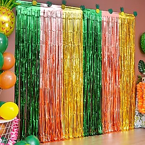 LOLStar Hawaiian Luau Party Decorations, 2 Packs of 3.3x6.6 ft Green Brown and Yellow Foil Fringe Curtains Tinsel Photo Booth Props, Streamer Backdrop for Hawaiian Tropical Party Decorations