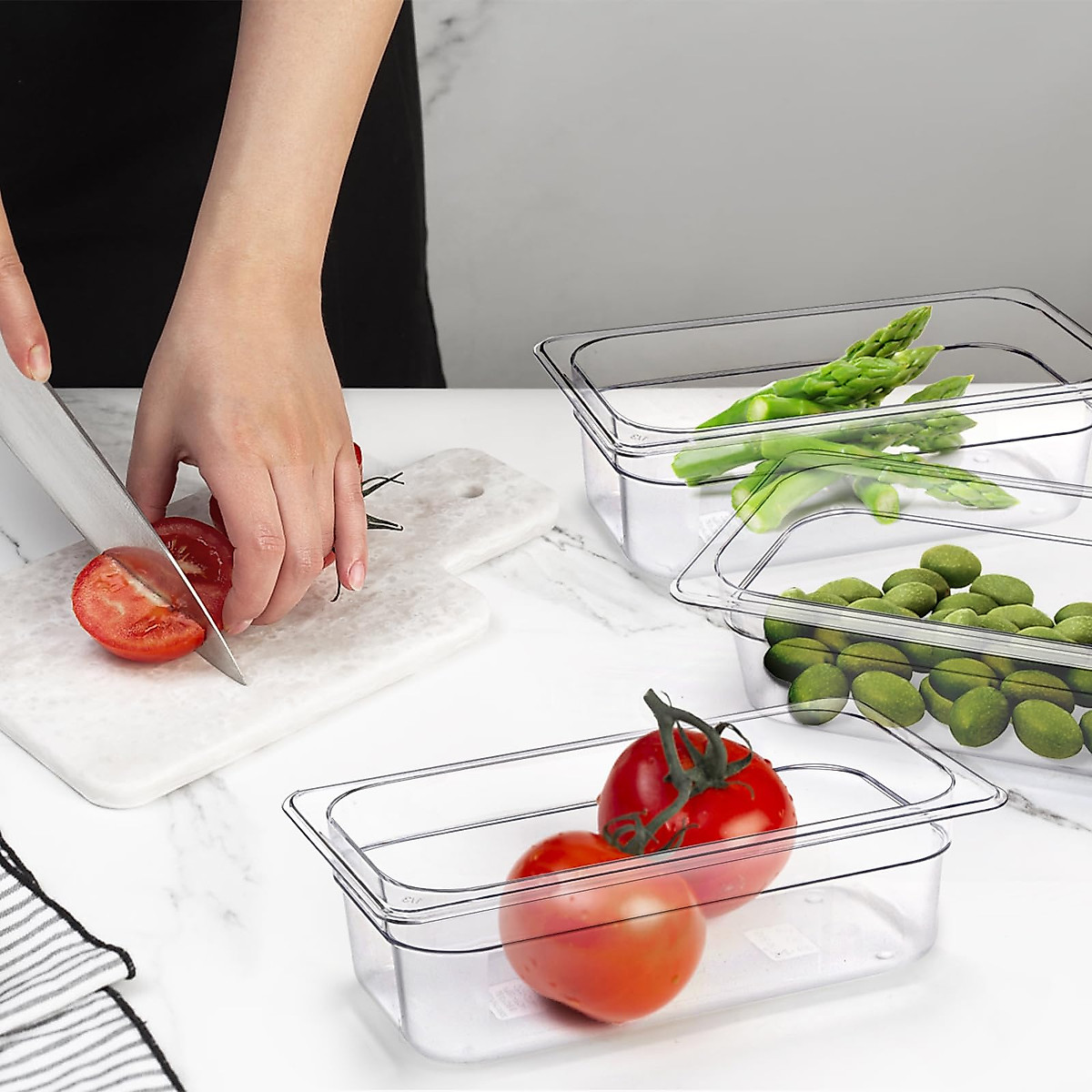 Bekith 6 Pack Plastic Clear Food Pans with Lids, 1/3 Size 4 Inch Deep Stackable Commercial Polycarbonate Pans for Kitchen Restaurant Food Prep, Freezer-Safe