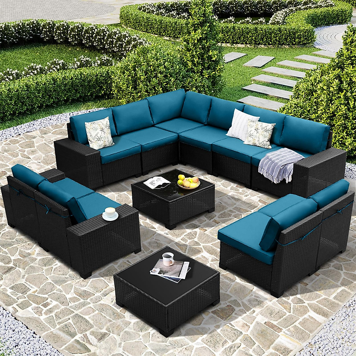 12 Piece Modular Wicker Outdoor Patio Sectional Furniture Sofa Set w/ Cushion, Outdoor Conversation Couch Set with Sloping Backrest and Wide Arm for Patio, Garden(Black Frame / Peacock Blue Cushion)