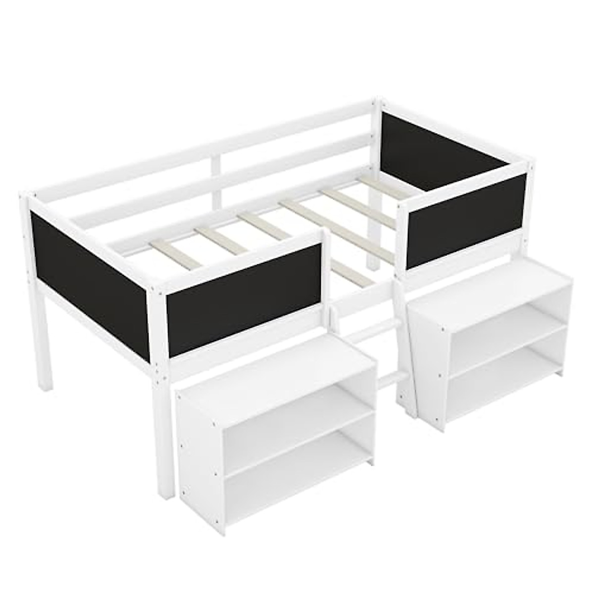 Low Loft Bed with 2 Movable Storage Shelves,Loft Bed with Chalkboard and Ladder,Twin Loft Bed Frames for Kids,Kids Twin Bed Frame Kid Bed Loft Bed for Kids,No Box Spring Needed,White